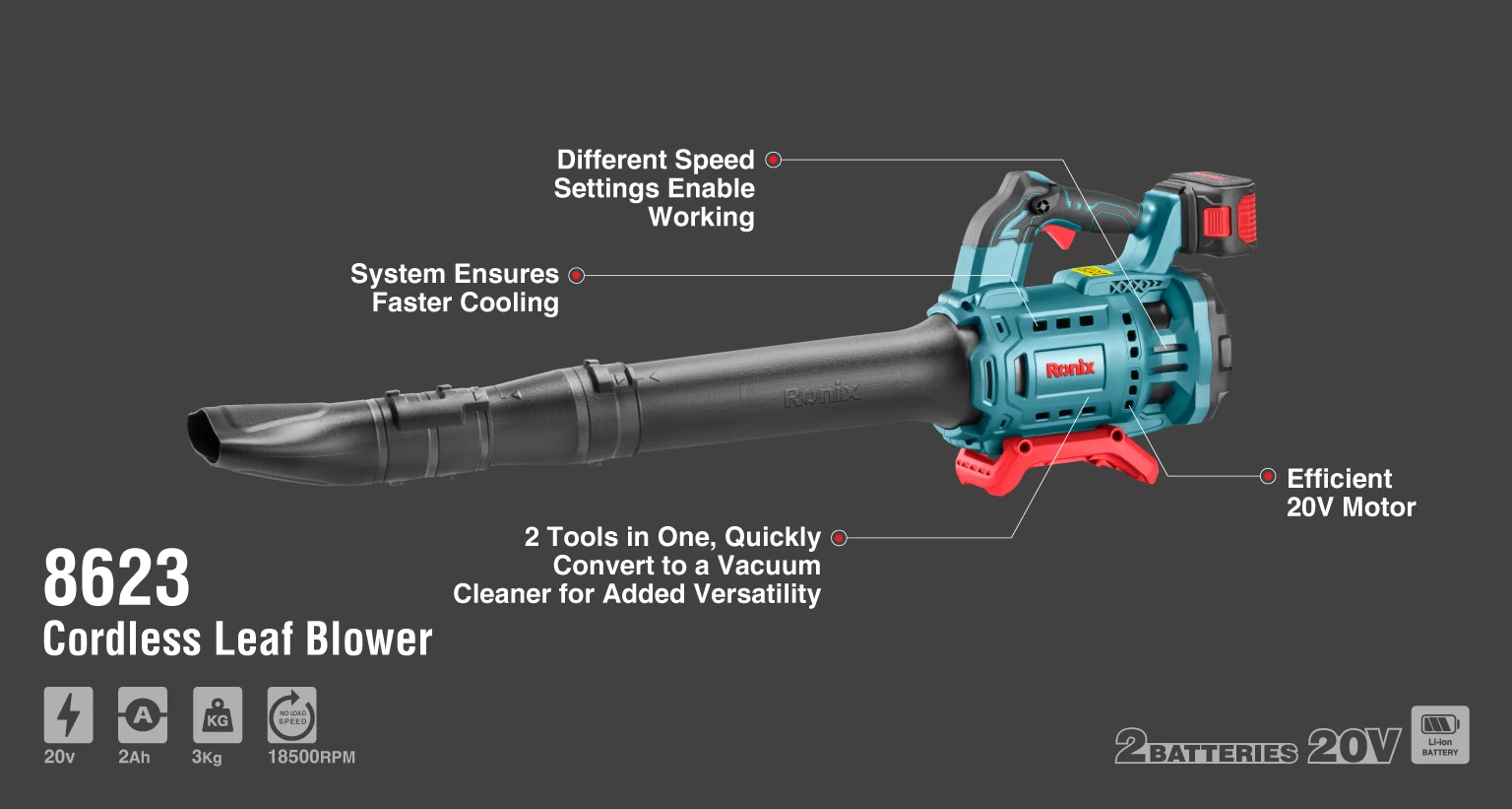 خزان‌روب شارژی براش‌لس 20 ولت-8623 | Ronix Iran