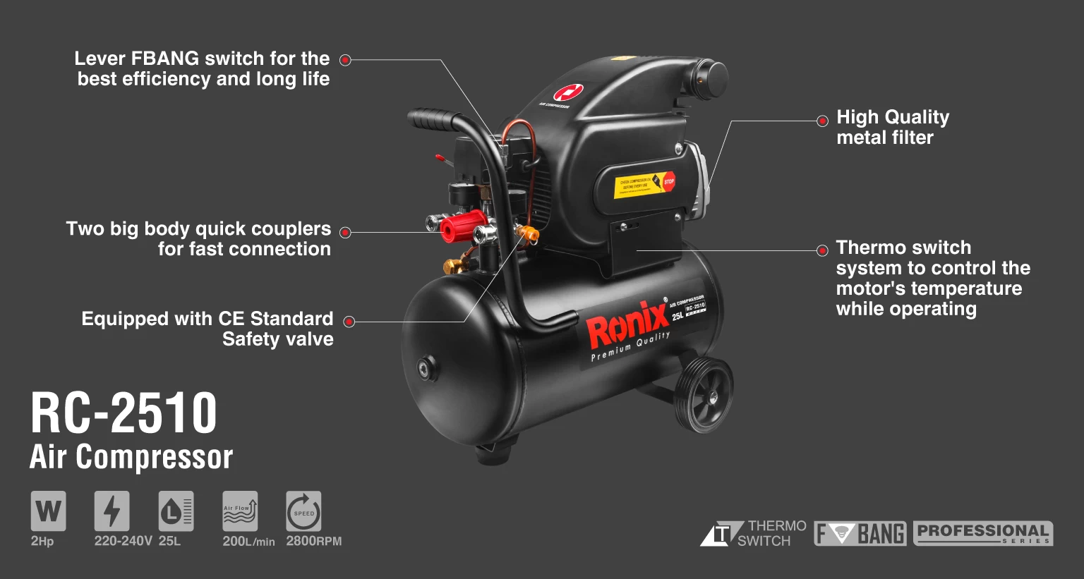 مشخصات کمپرسور باد 25 لیتری - RC-2510