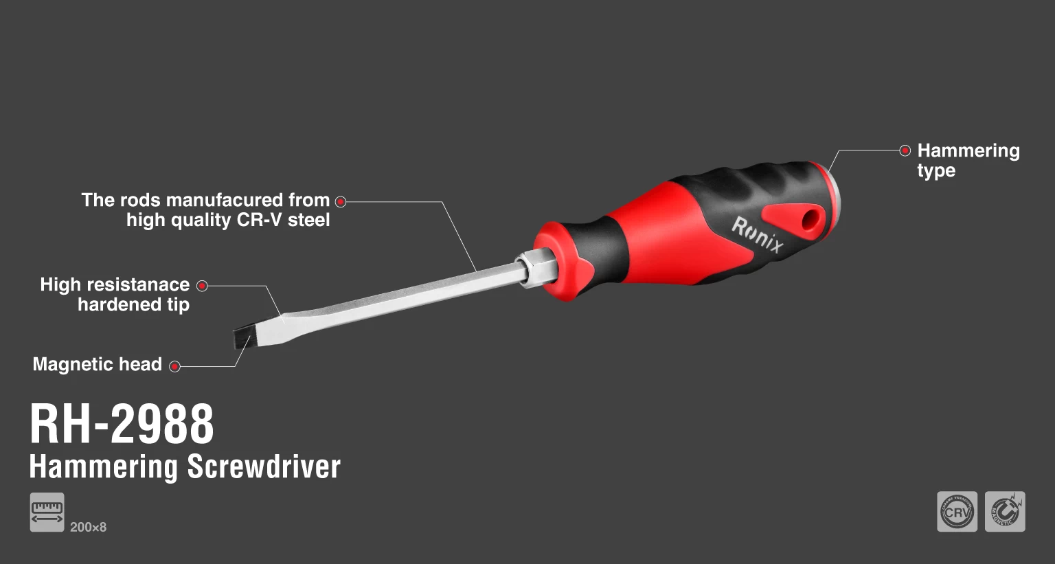 پیچ گوشتی دسته TPRضربه‌خور 8x200 میلی‌متری دو سو - RH-2988